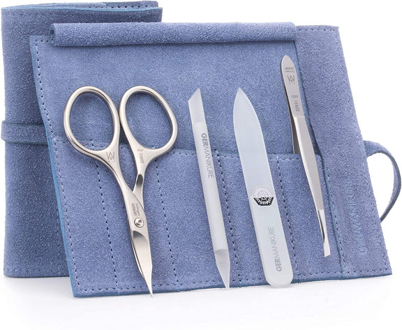 4pc Manicure Set Roll: Combination Scissors, Slanted Tweezer, Small Gl